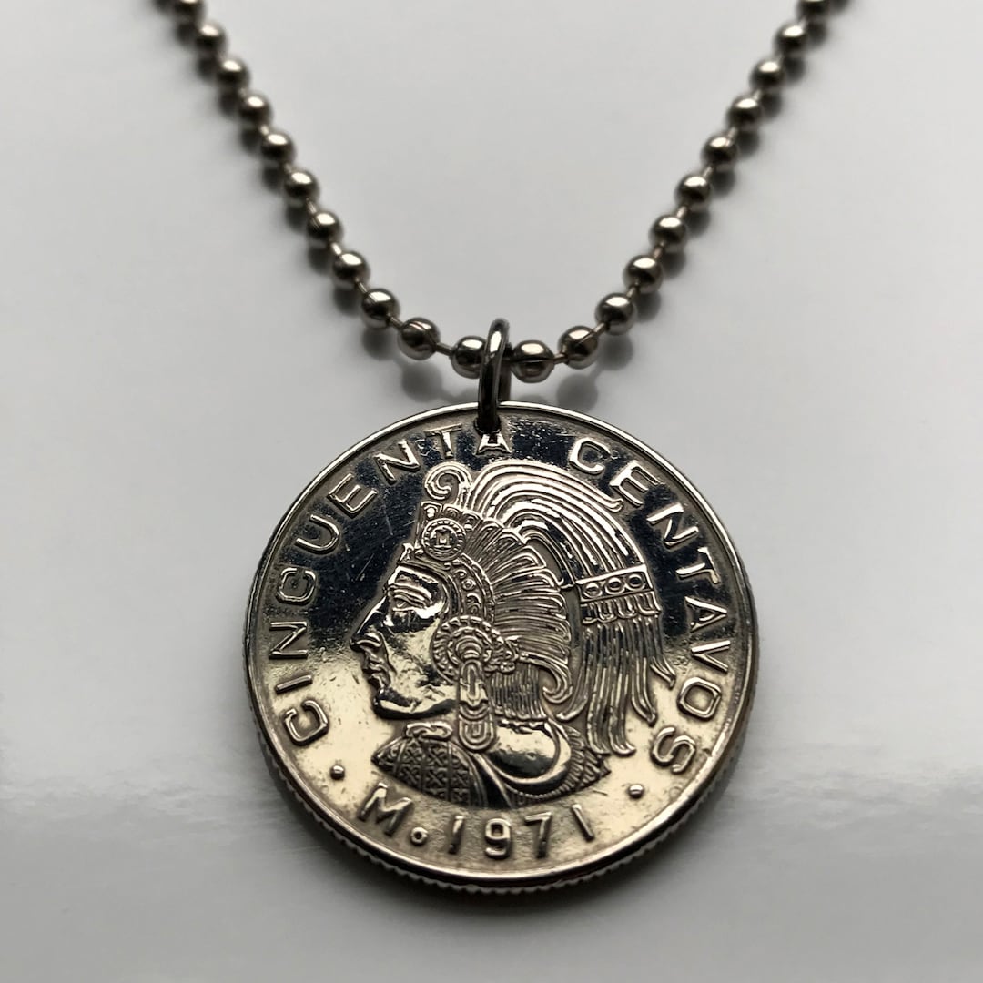 1968 Mexico 50 Ct Coin Pendant Cuauhtémoc Aztec Ruler Tenochtitlan ...