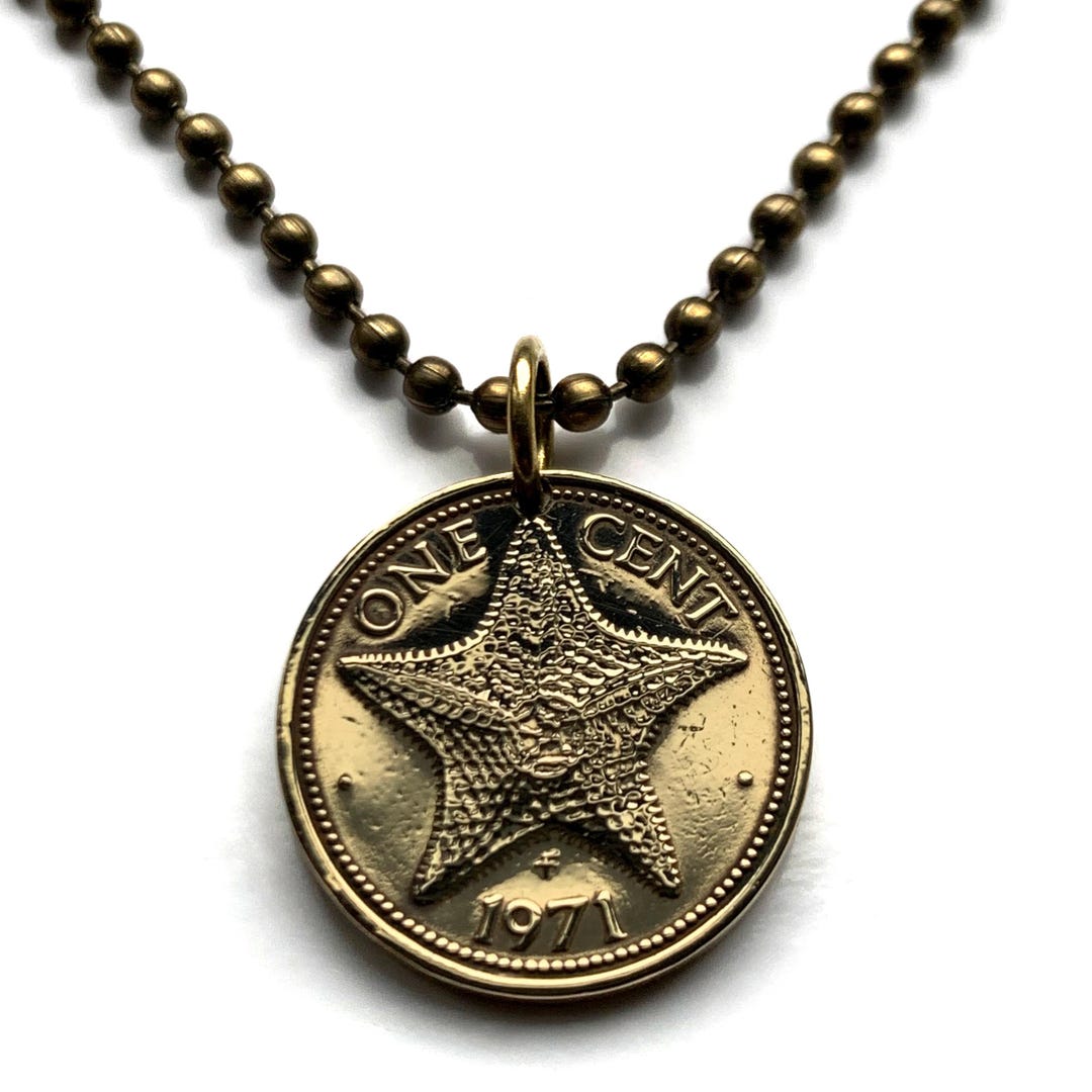 1971 Bahamas 1 Cent Coin Pendant Bahamian Starfish Cushion Sea Star ...