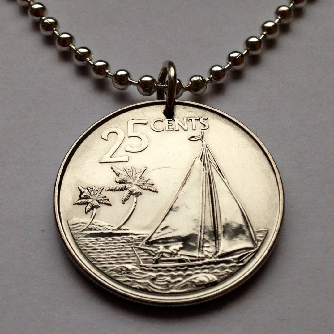 Bahamas 25 Cent Coin Pendant Bahamian Sloop Sailboat Nassau Ship Andros ...
