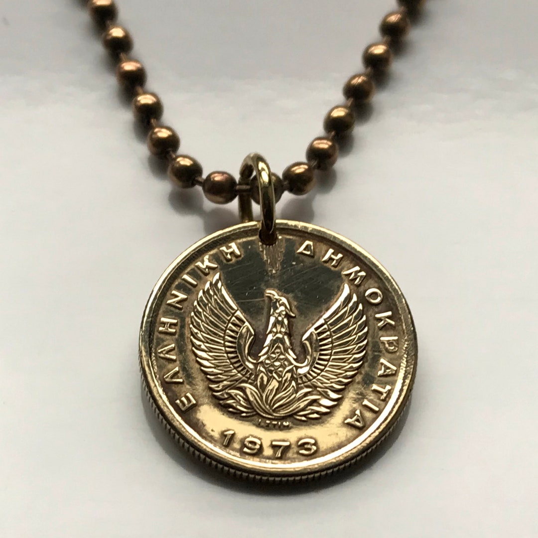 1973 Greece Hellas 50 Lepta Coin Pendant Greek Phoenix Bird Athens ...