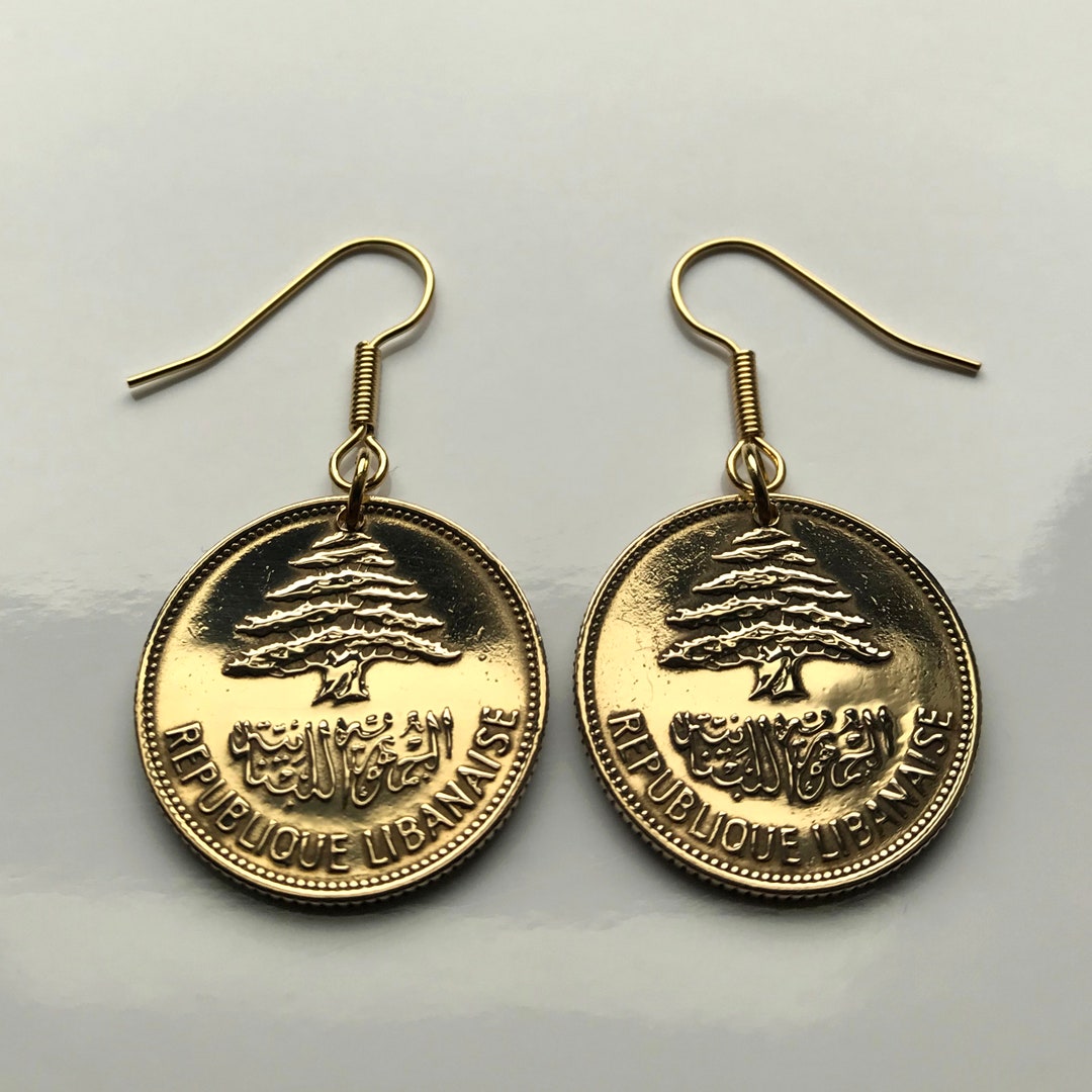 1952 Lebanon Liban 25 Piastres Coin Earrings Lebanese Cedar Tree Beirut ...