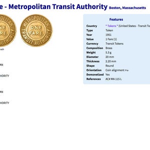 1951 Boston Massachusetts MTA Metropolitan Transit Authority Coin Token ...