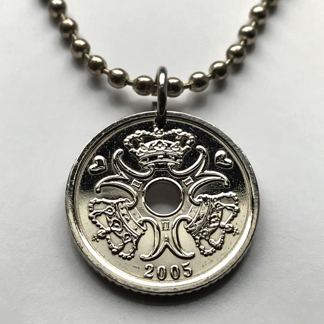 1992 Denmark Danmark 1 Krone Coin Pendant Danish Royal Crown Initial M ...