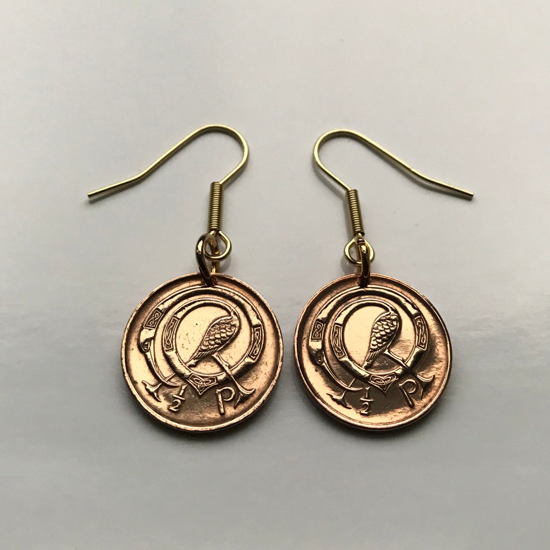 1975 Ireland Éire 1/2 Pingin Coin Earrings Book of Kells Bird Irish ...