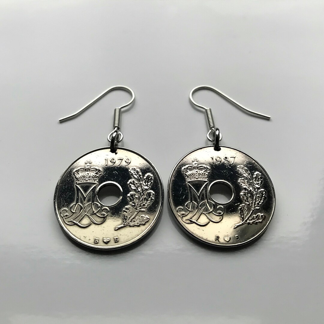 Denmark Danmark 25 Ore Danish Coin Earrings Initial M Danish Crown ...