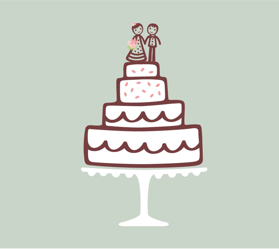 Wedding Clipart Wedding Cake Cute Bride and Groom Illustration Digital ...