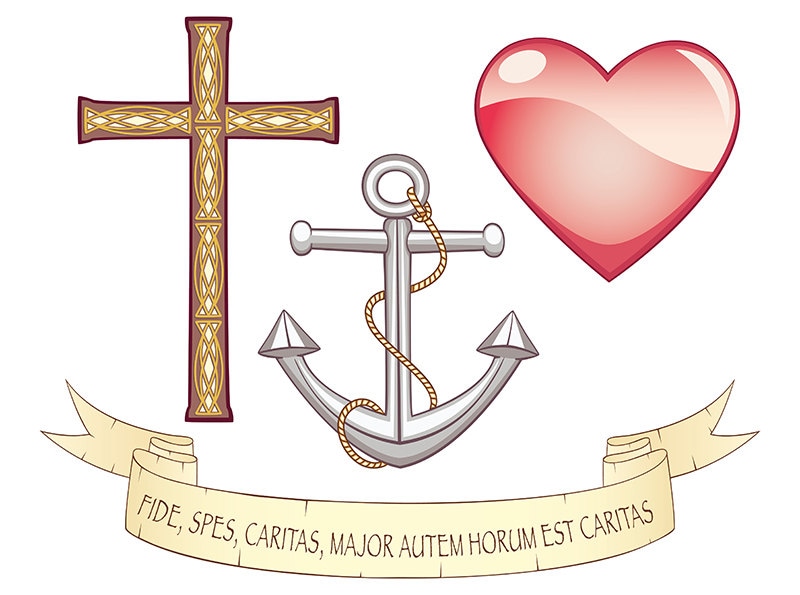 Vector Clipart Set Symbols Faith, Hope, Love, Parchment Scroll Glossy ...