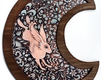 Hare and Moon Pyrography Wall Hanging Print. Wood Burning | Etsy