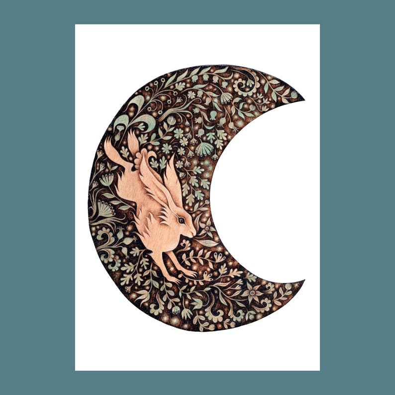 Hare and Moon Pyrography Wall Hanging Print. Wood Burning - Etsy