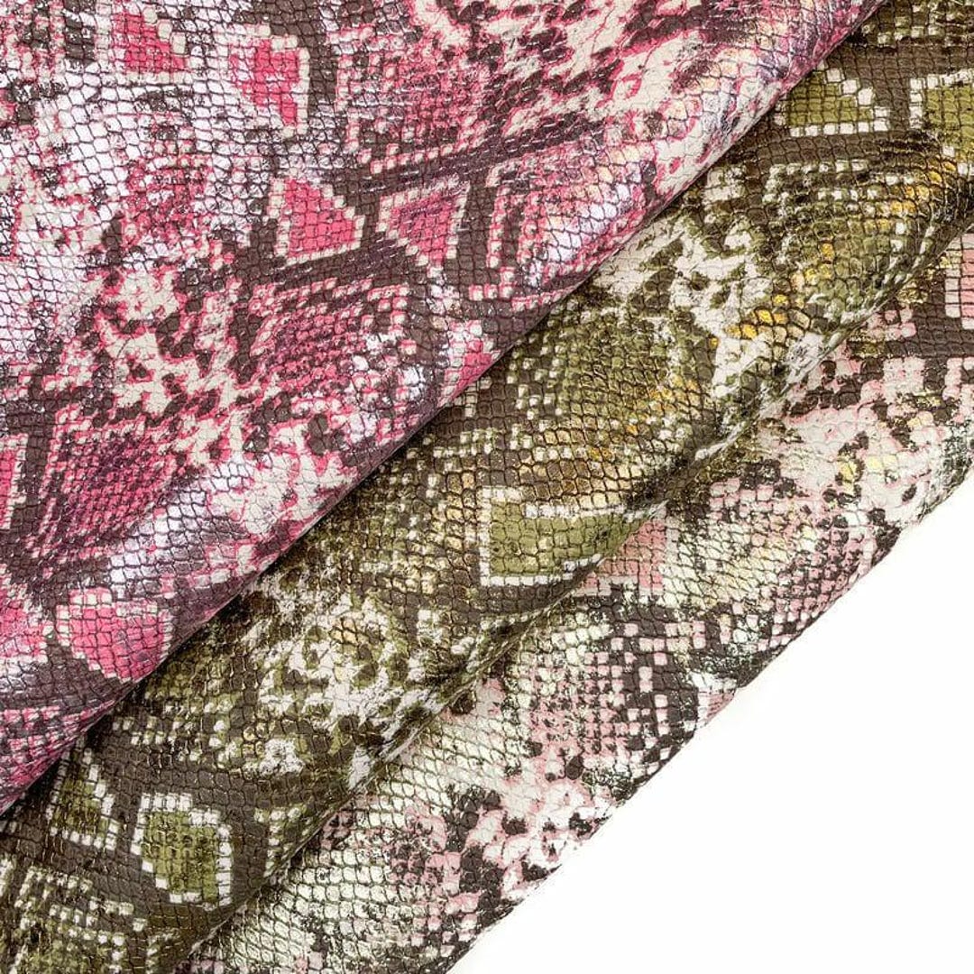 Shiny Snake Print Leather// Embossed Leather Pieces// Green Pink ...