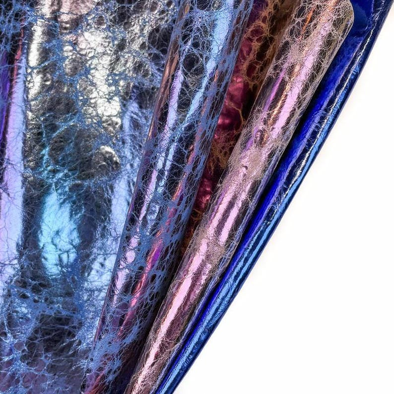 Blue Purple Wrinkled Lambskin Leather With Metallic Foil Choose Color ...