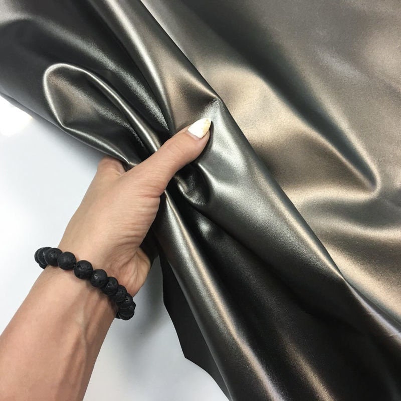 Silver leather fabric shiny metallic skin real leather DARK | Etsy
