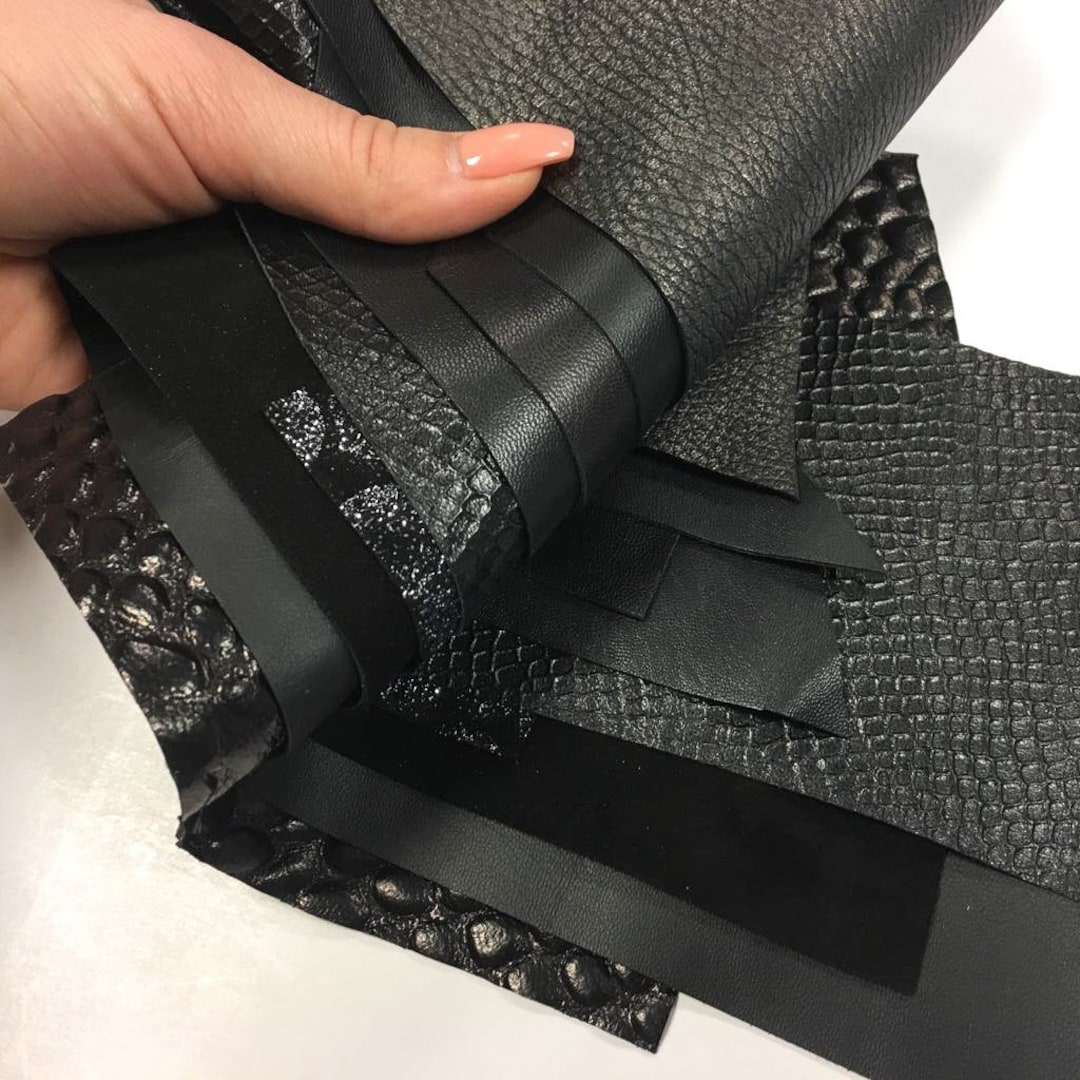 BLACK Leather Scraps MIX Soft Thin Sheep Hide Pieces Black Suede Snake ...