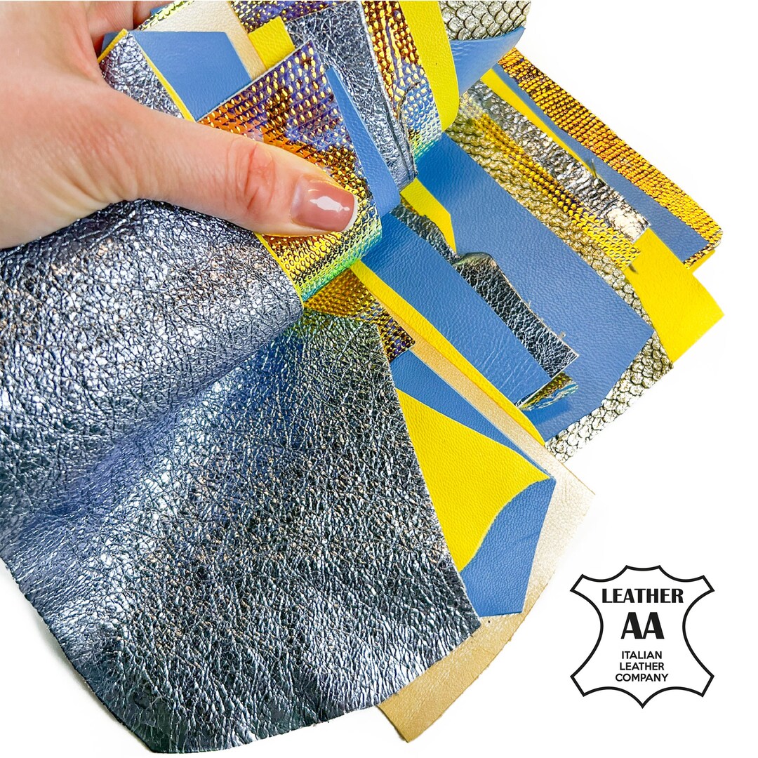 Sunny YELLOW and Sky BLUE Leather Scraps With Metallic Holographic ...
