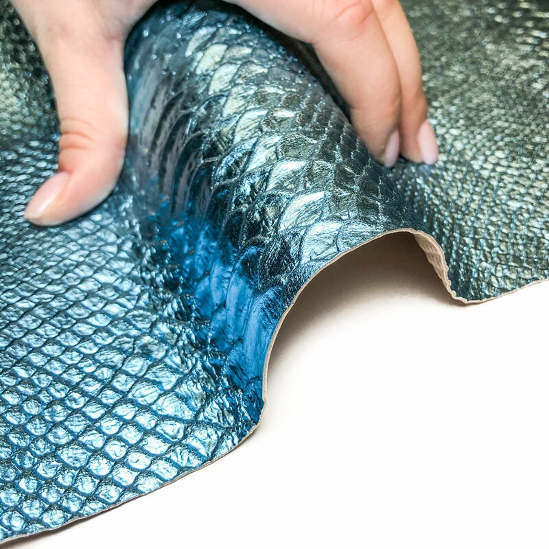 Light Blue Leather Hides With Snake Print // Real Animal | Etsy