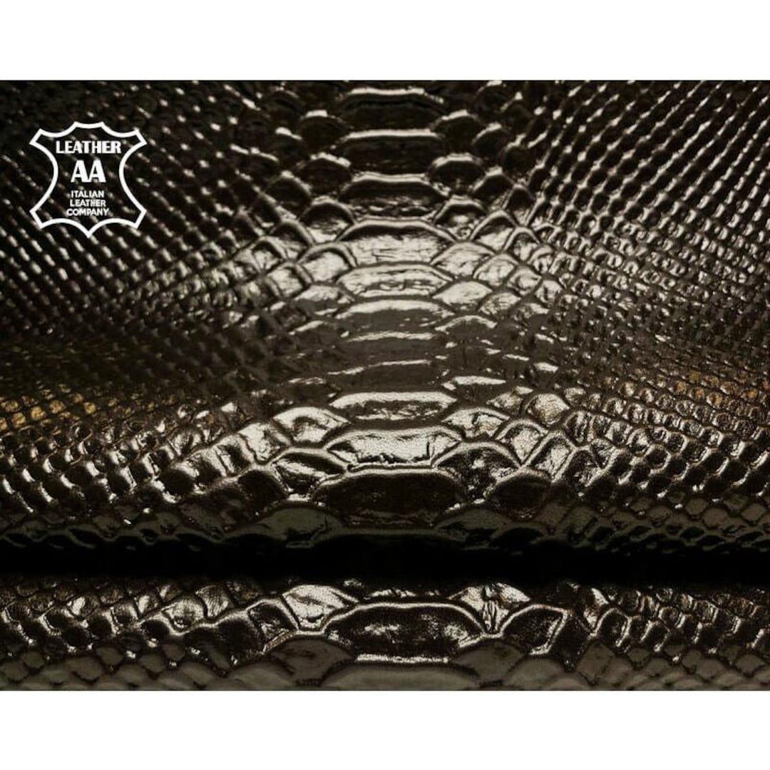 Dark Brown Leather With Snake Print // Genuine Leather Hides // Shiny ...