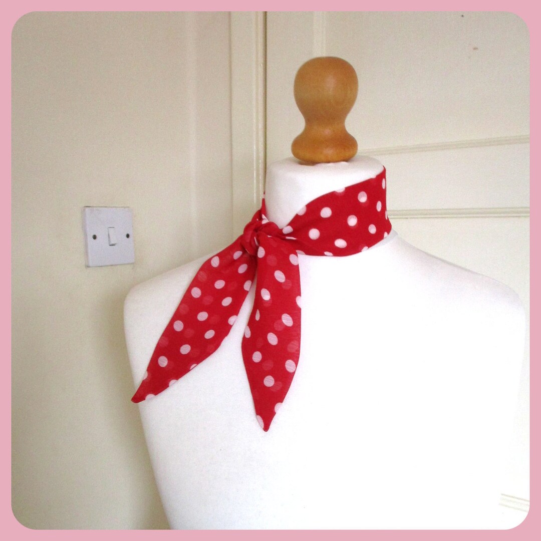 Red Polka Dot Neck Scarf Hair Tie Chiffon Fabric Red And White Etsy