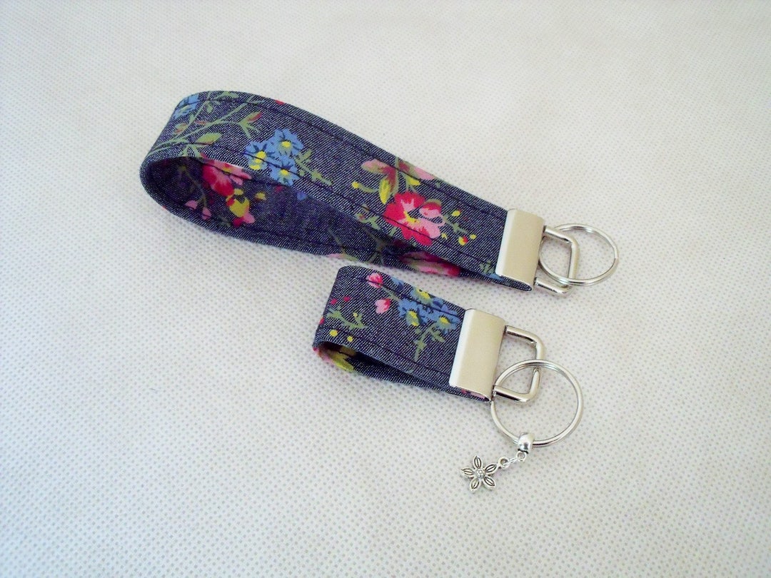 Floral Keyfob / Wrist Strap / Keyring in Pink Floral Chambray Denim ...