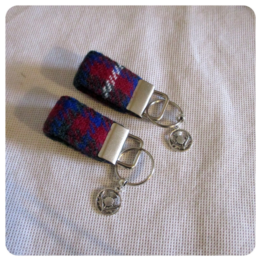 Tartan Tweed Keyfob Keyring Key Chain Wrist Strap, Maroon Blue Genuine ...