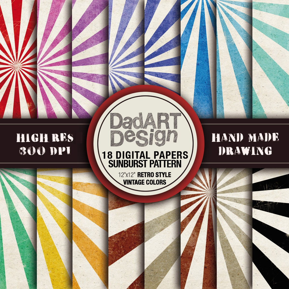 Retro Sunburst Ray Patterns Digital Paper Vintage Grunge - Etsy