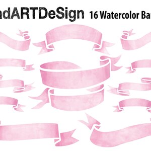 Pink Watercolor Ribbon Banners, Hand Drawn, 16 PNG Hires Files Ready to ...