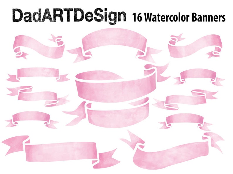 Pink Watercolor Ribbon Banners, Hand Drawn, 16 PNG Hires Files Ready to ...