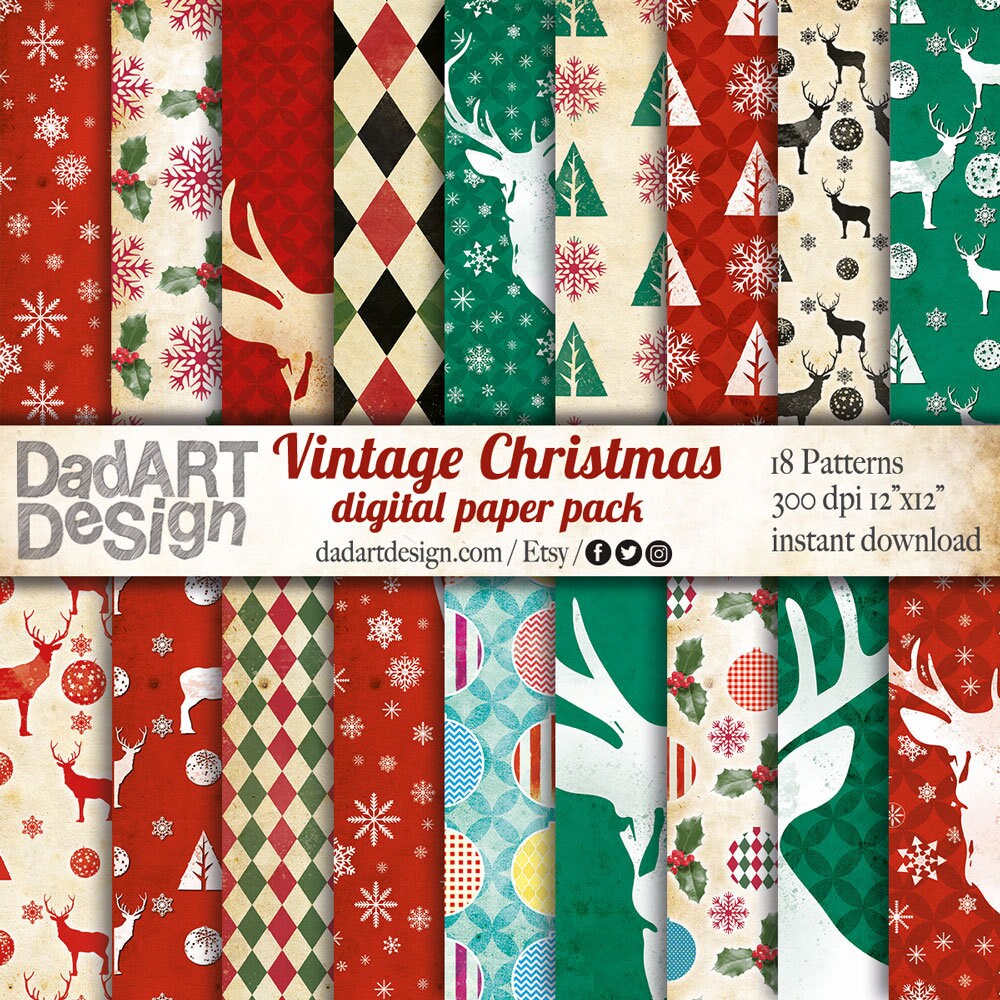 Vintage Christmas Patterns Digital Paper Pack - Etsy