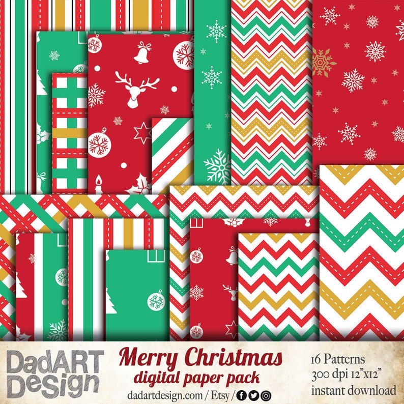 Merry Christmas Digital Paper Pack - 16 High Res Patterns - Instant ...
