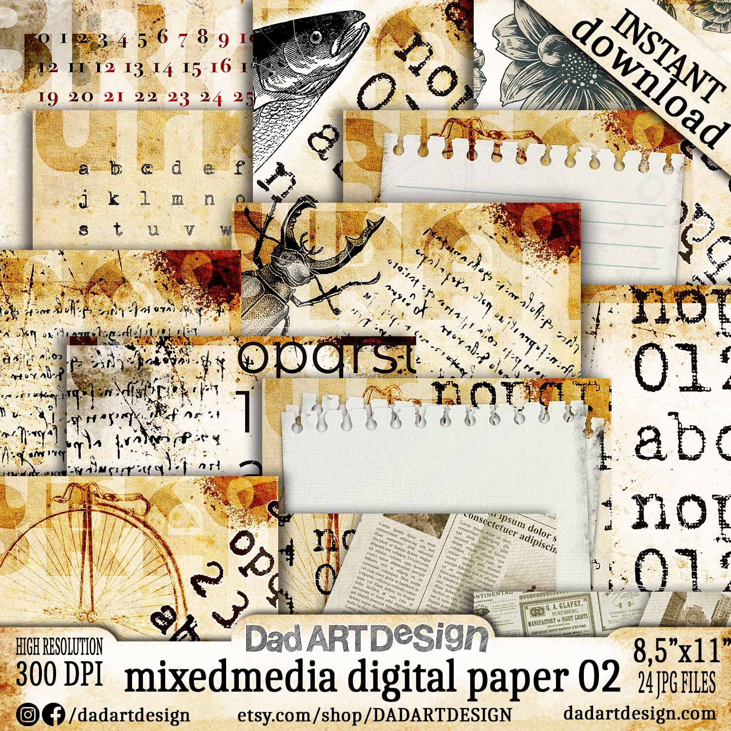 Mixedmedia Vintage Digital Paper Pack 02 - 8,5"x11" High Res 300dpi ...