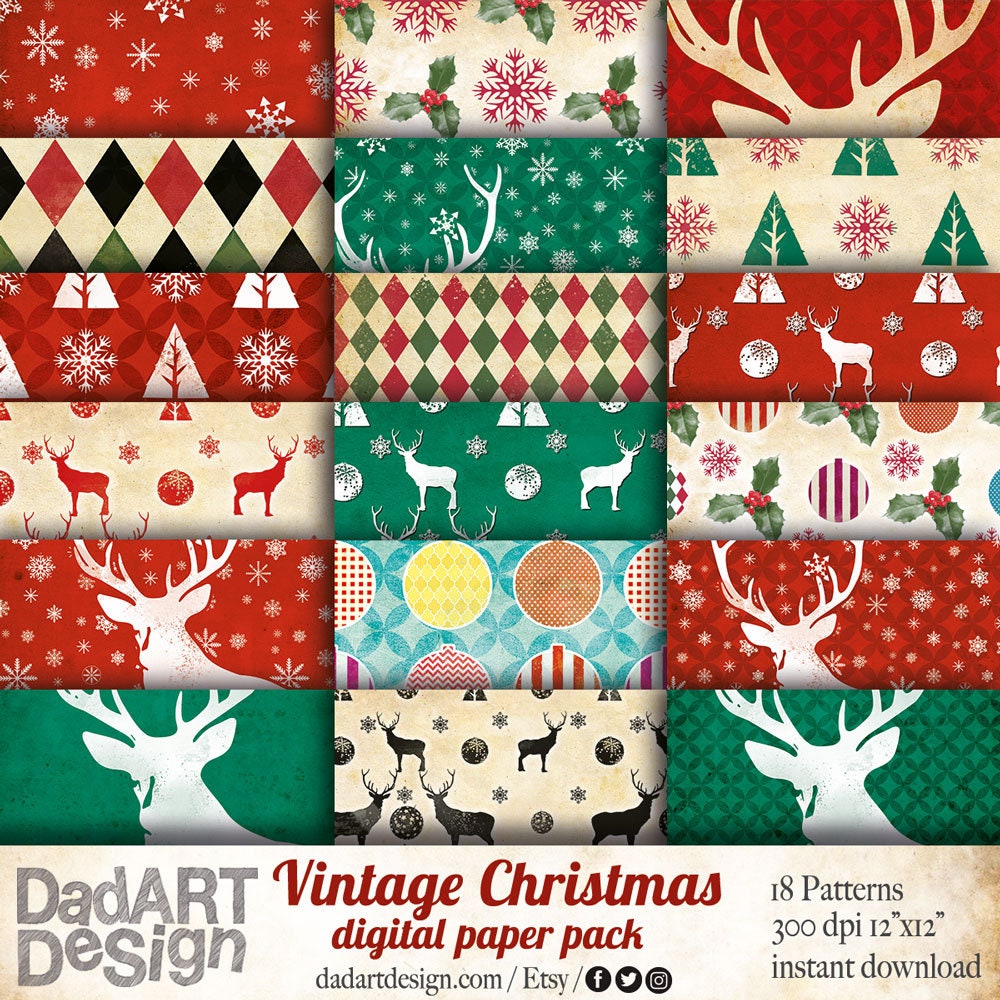 Vintage Christmas Patterns Digital Paper Pack - Etsy