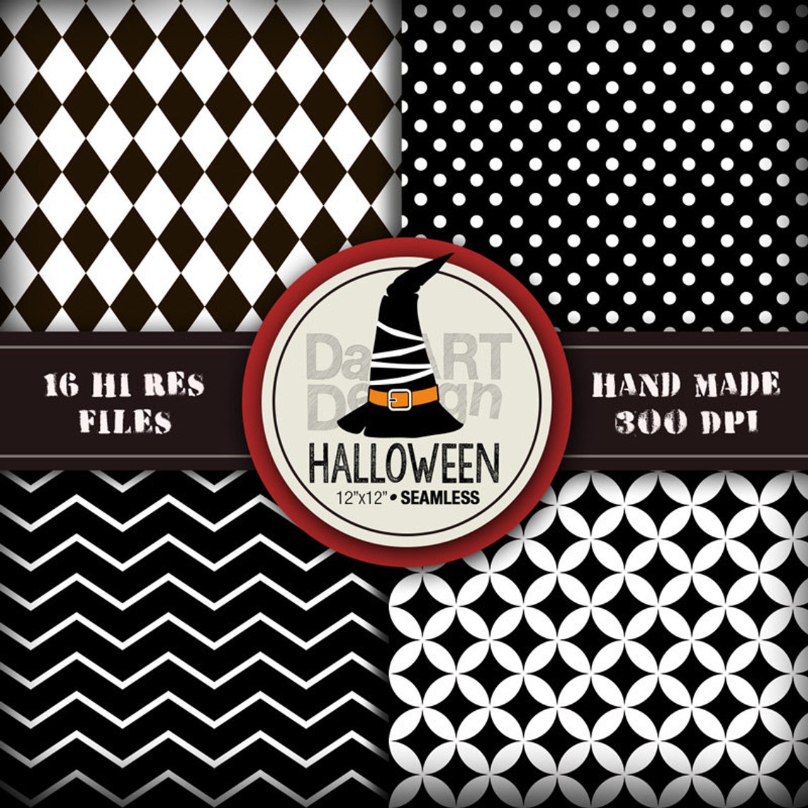 Halloween Patterns Digital Paper Pack Black and White 16 Sheets ...