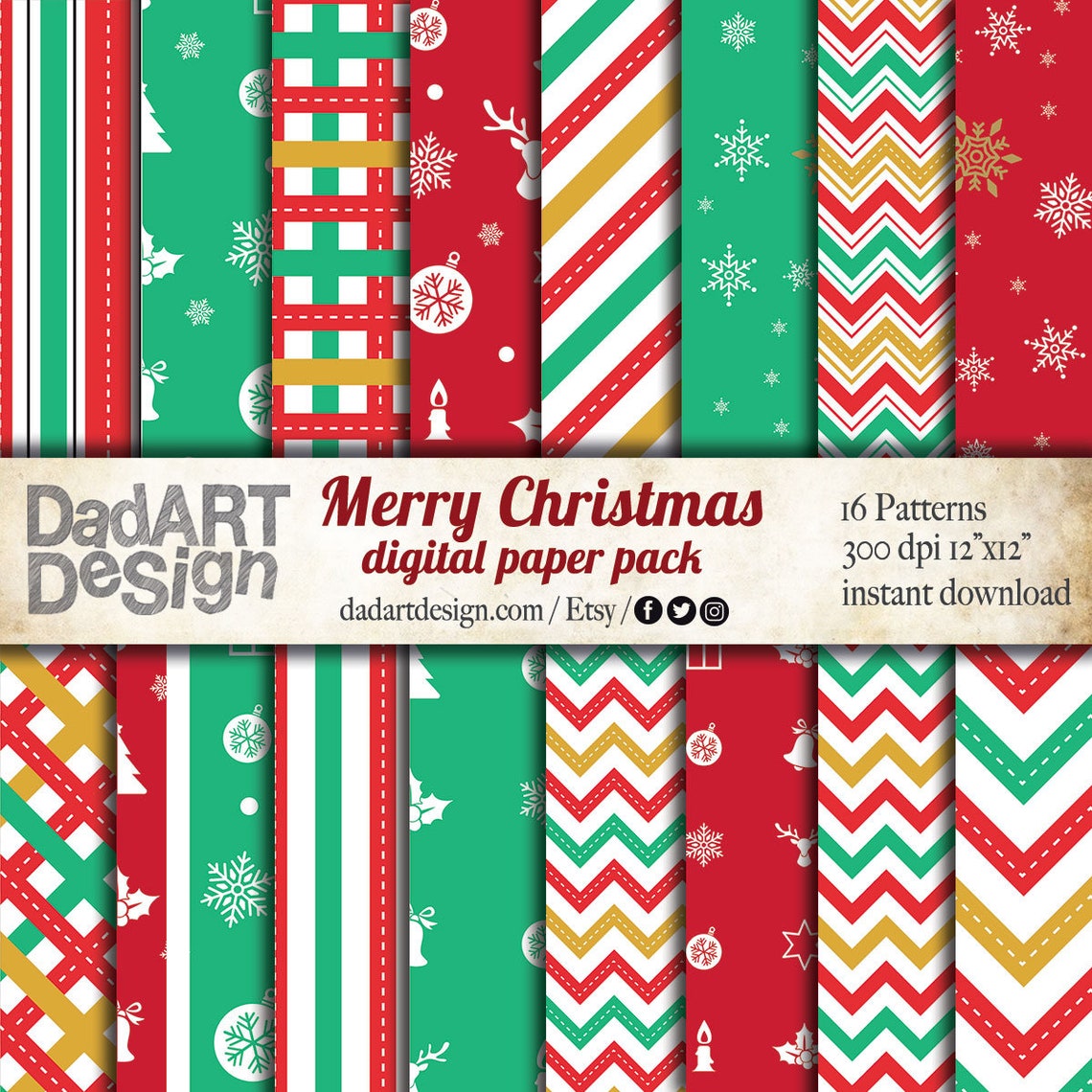 Merry Christmas Digital Paper Pack - 16 High Res Patterns - Instant ...