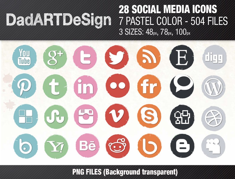 28 GRUNGE SOCIAL MEDIA Icons Set - Grunge Type - 7 Colors, 3 Sizes ...