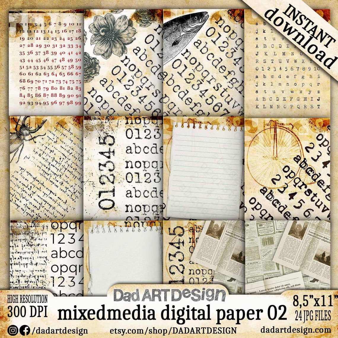 Mixedmedia vintage digital paper pack 02 85x11 | Etsy