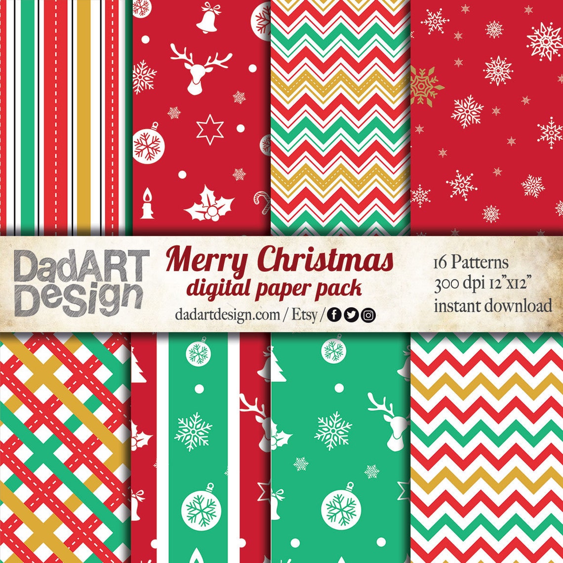 Merry Christmas Digital Paper Pack - 16 High Res Patterns - Instant ...
