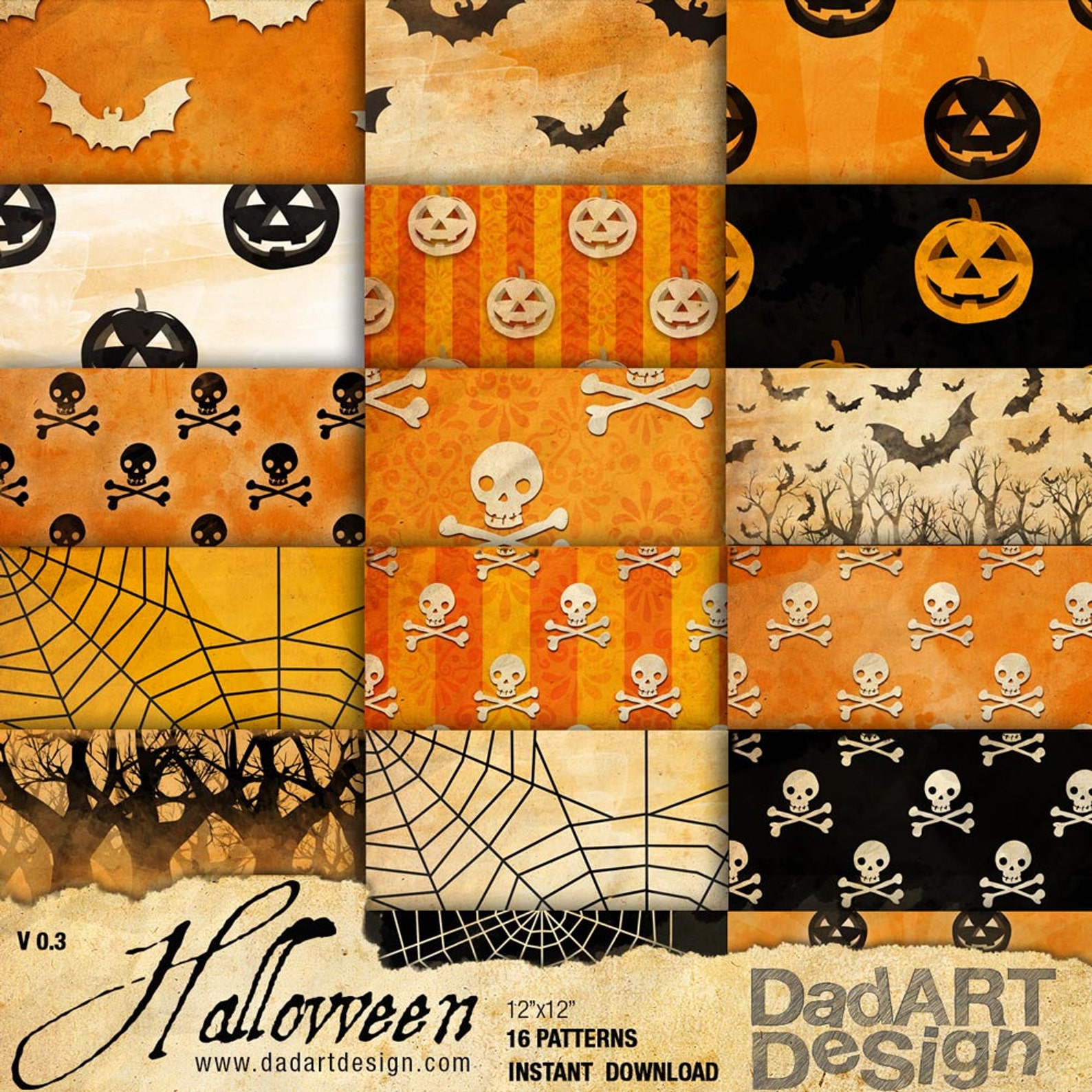 Vintage Halloween Patterns Digital Paper Pack 16 sheets V03 | Etsy