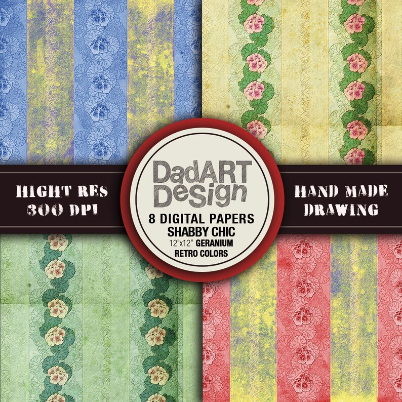 Retro Shabby Chic Floral Digital Papers - Vintage Grunge Distressed ...