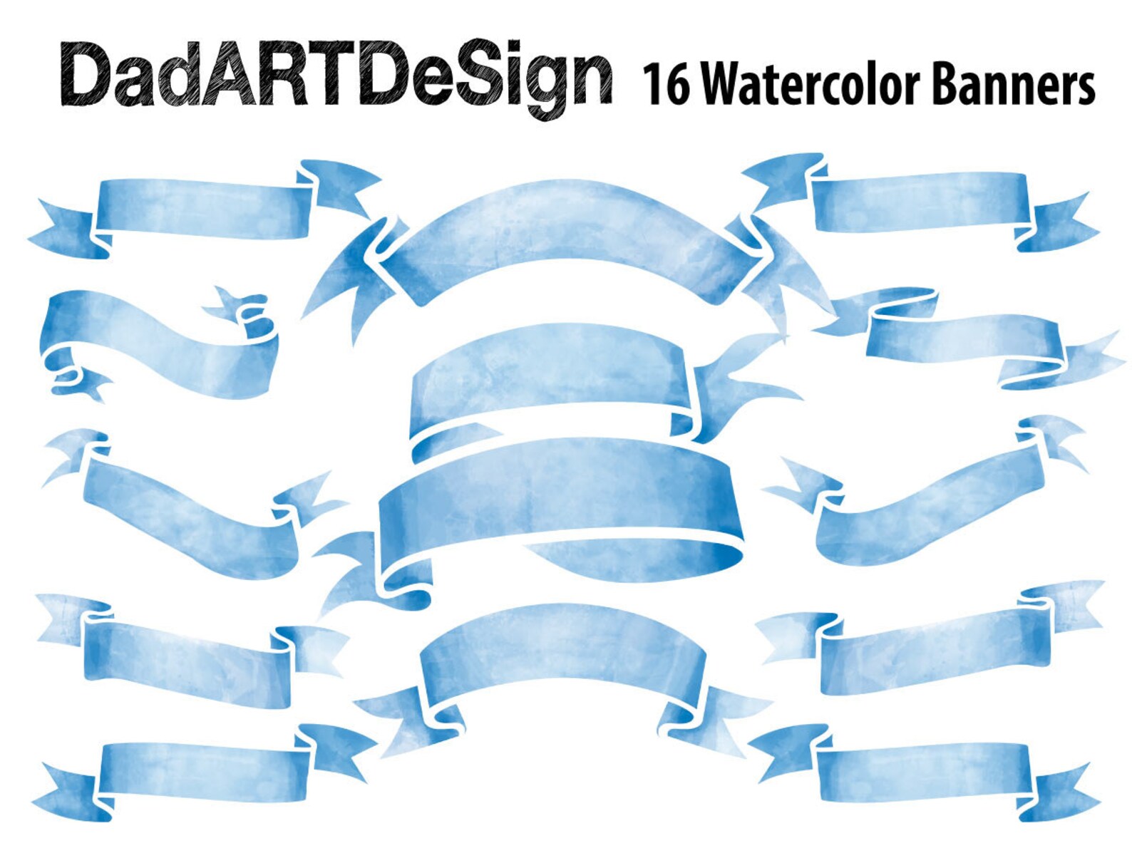 Blue Watercolor Ribbon Banners, Hand Drawn, 16 PNG Hires Files Ready to ...