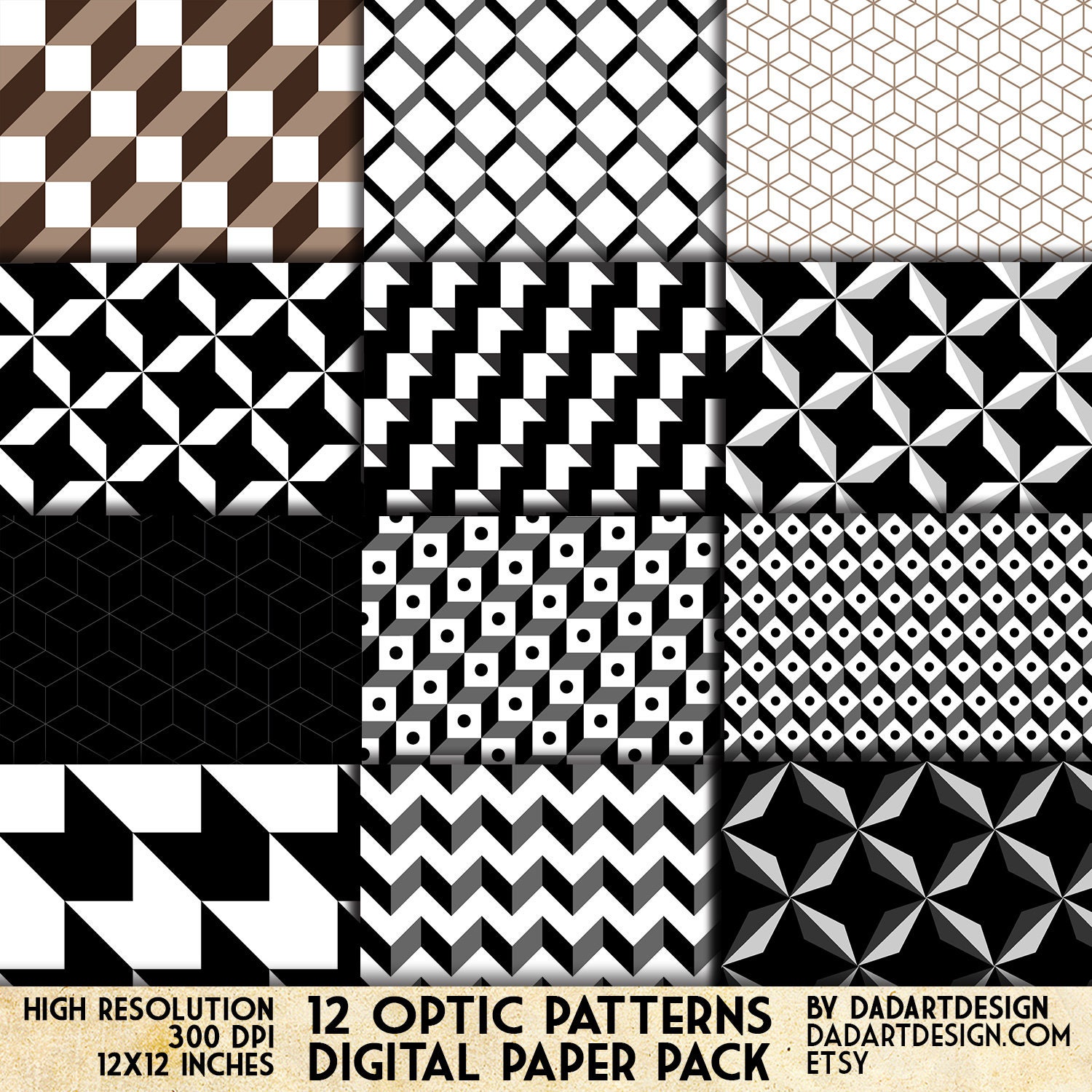 12 Optical Patterns Digital Paper Pack Hi Res Files Instant - Etsy