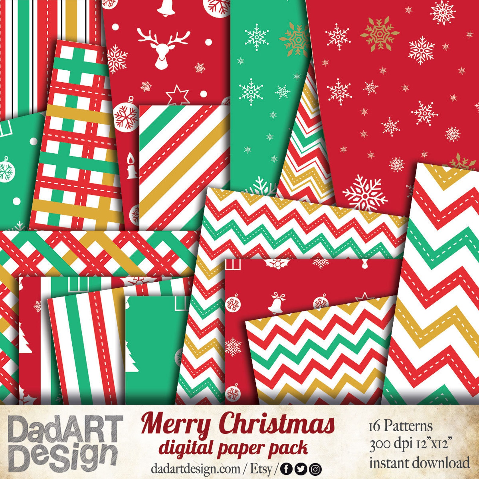 Merry Christmas Digital Paper Pack - 16 High Res Patterns - Instant ...