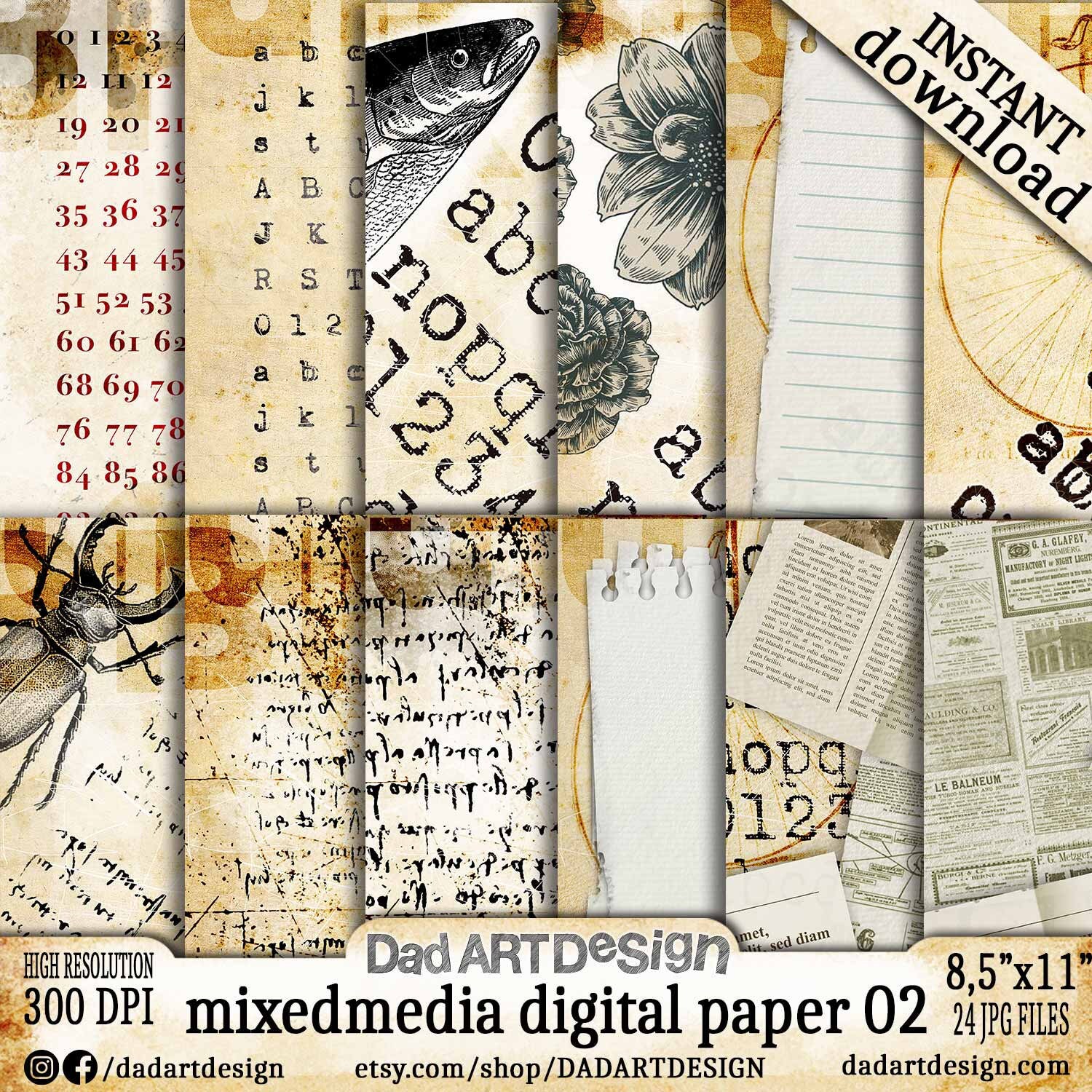 Mixedmedia Vintage Digital Paper Pack 02 - 8,5"x11" High Res 300dpi ...