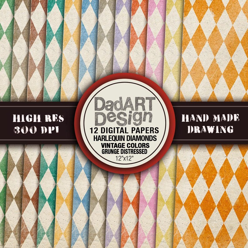 Retro Diamonds Harlequin Patterns Digital Paper - Vintage Grunge ...