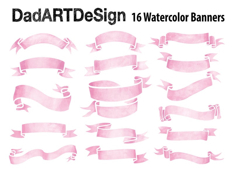 Pink Watercolor Ribbon Banners, Hand Drawn, 16 PNG Hires Files Ready to ...
