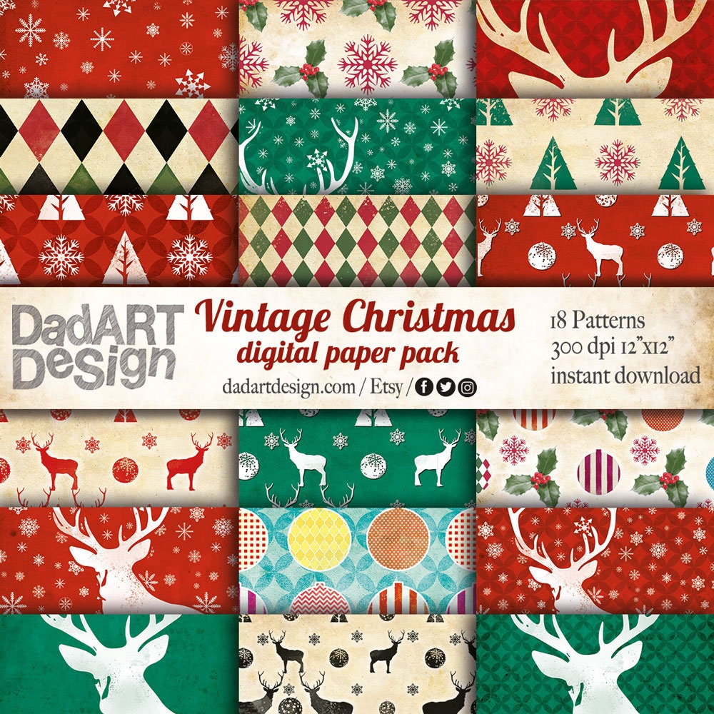 Vintage Christmas Patterns Digital Paper Pack - Etsy