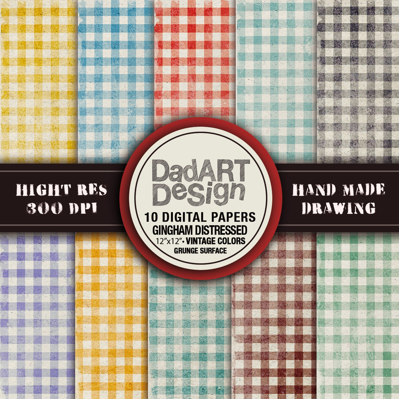 Retro Gingham Patterns Digital Paper, Vintage Grunge Distressed Colors ...