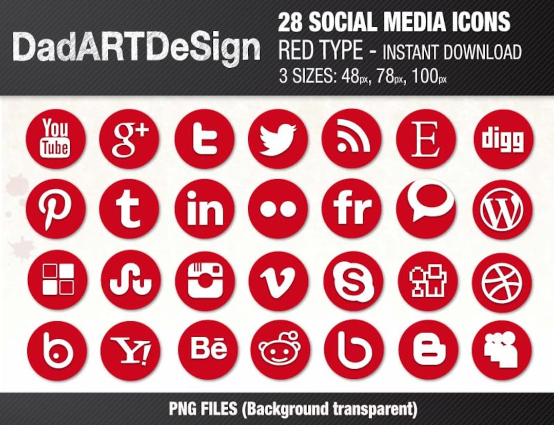 28 SOCIAL MEDIA Icons Set, Red - Instant Download - 3 Sizes - Etsy