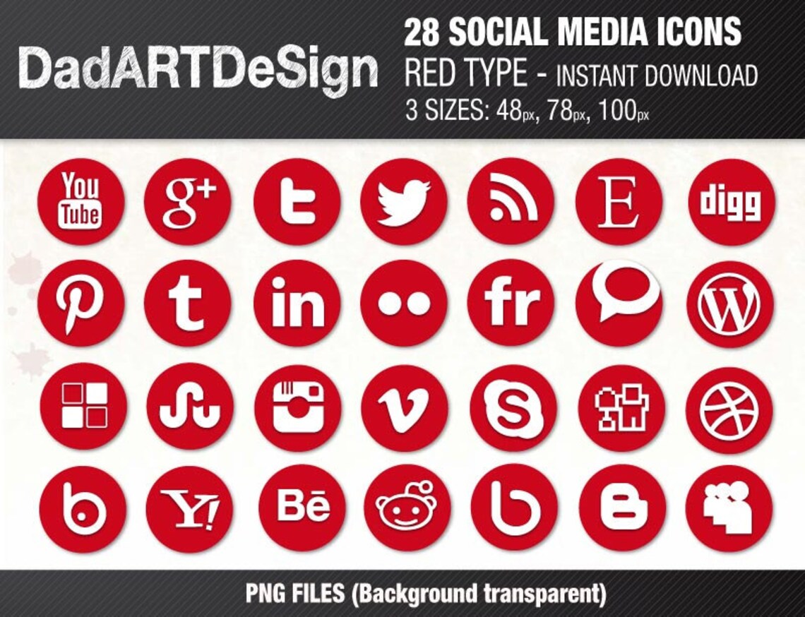 28 SOCIAL MEDIA Icons Set, Red - Instant Download - 3 Sizes - Etsy