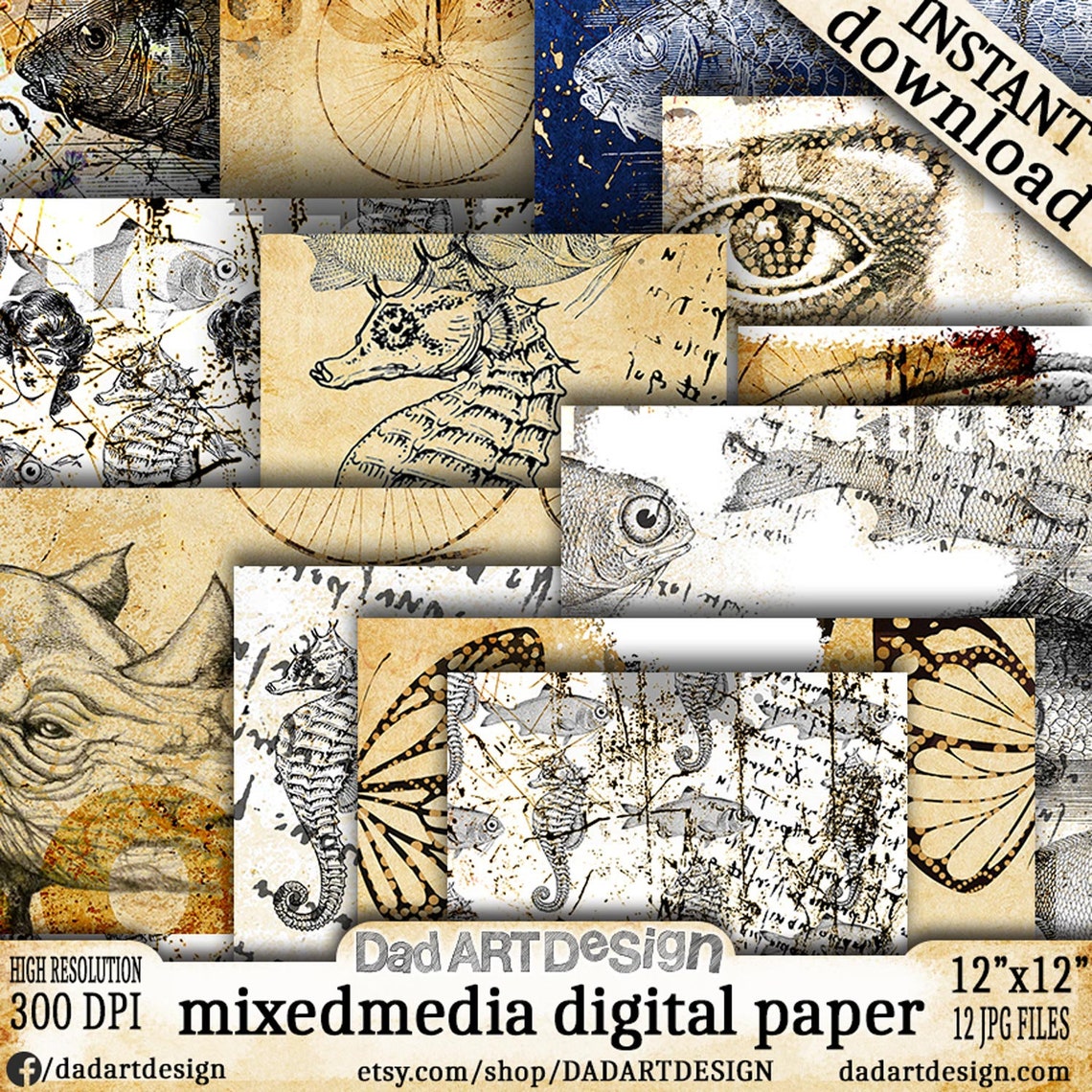Mixedmedia vintage digital paper pack 01 Backgrounds and | Etsy