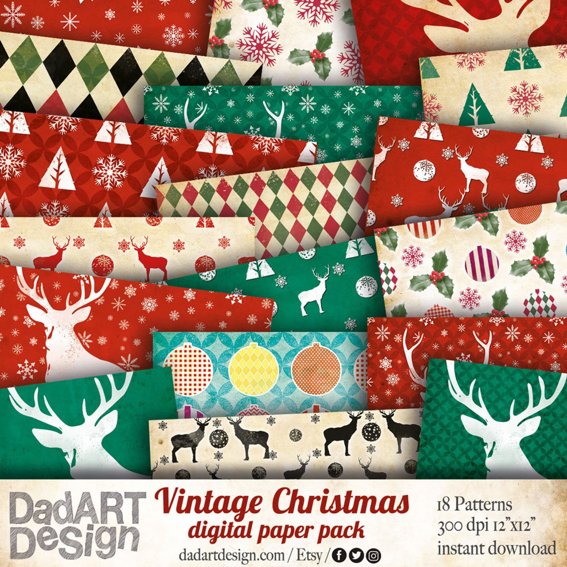 Vintage Christmas Patterns Digital Paper Pack | Etsy