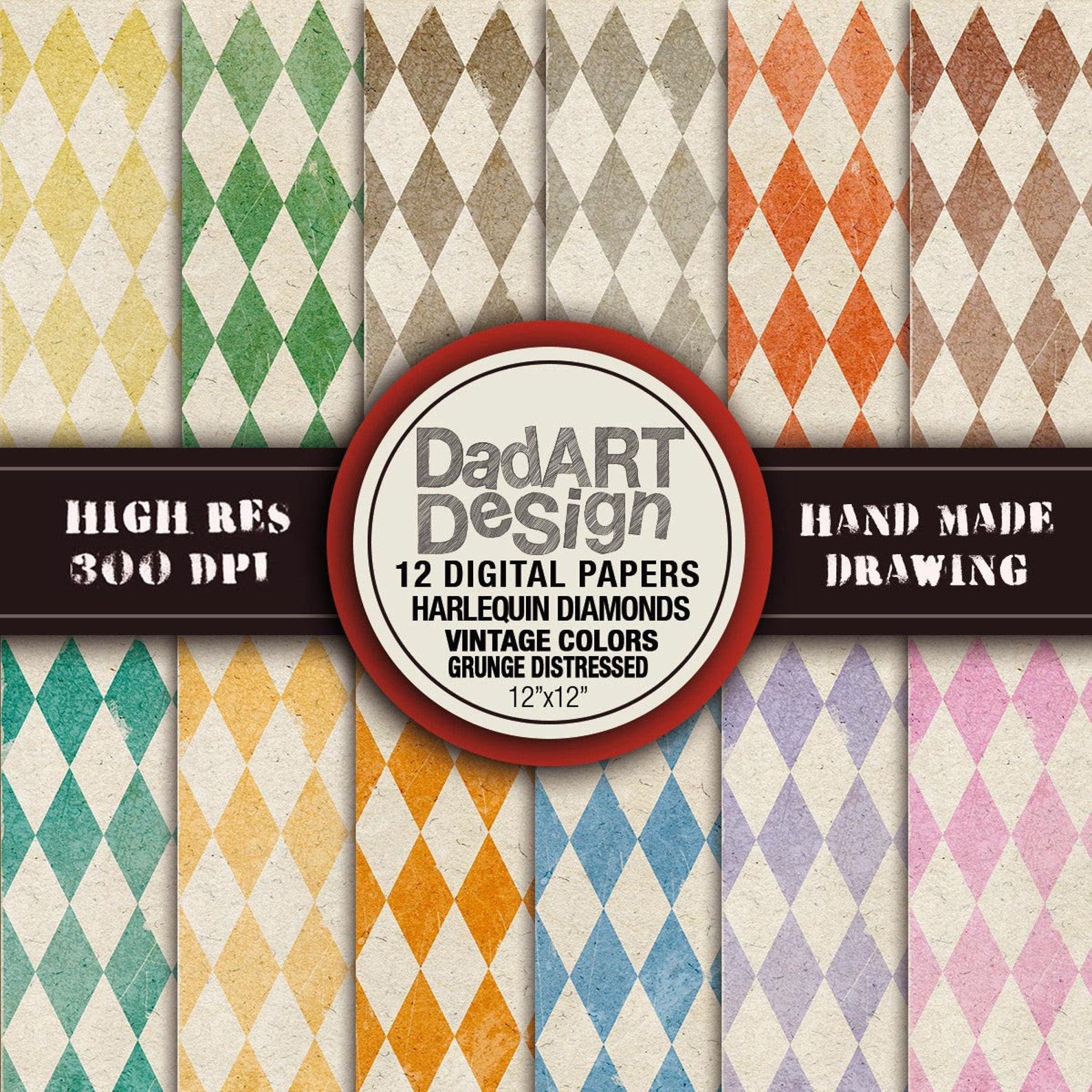 Retro Diamonds Harlequin Patterns Digital Paper - Vintage Grunge ...